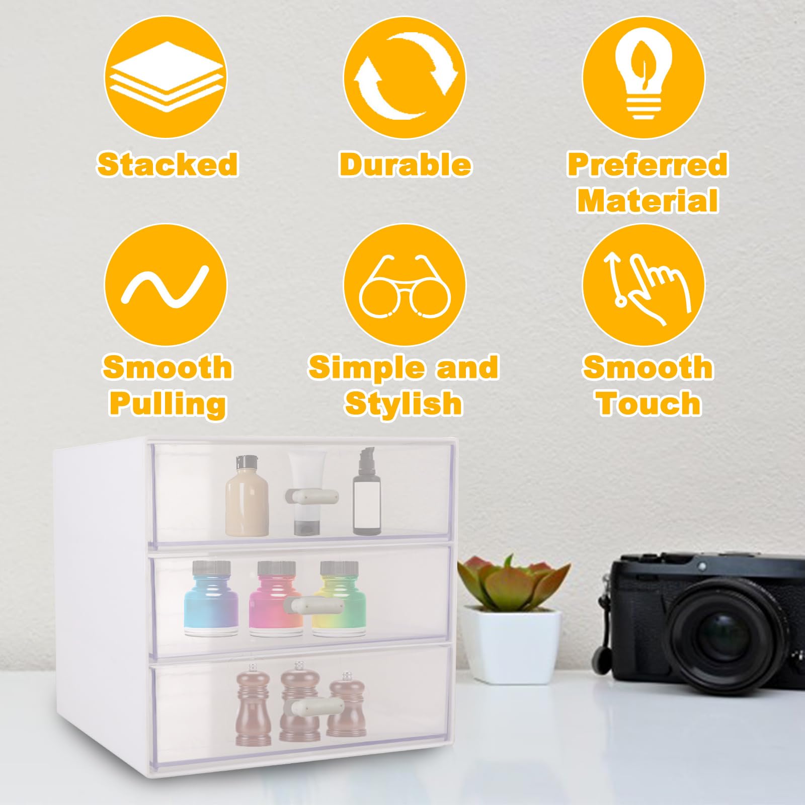CYEAH Desk Organizer Set of 2 with 3 & 4 Drawers, Stackable Plastic Storage Drawers, Makeup Desktop Drawer Organizer, Desk Storage Box, Bathroom Organization Boxes Suitable for Office, School, Home