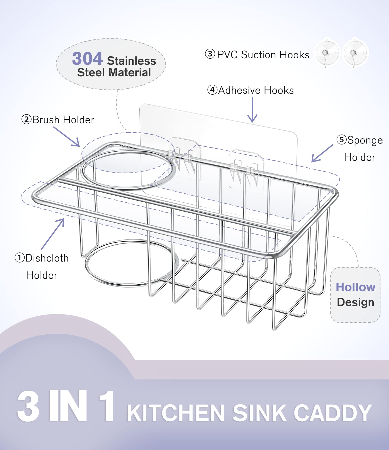 3 in 1 Sink Caddy Sponge Holder, VIS'V 304 Stainless Steel Adhesive Kitchen Sink Basket Sponge Holder Brush Holder Dishcloth Hanger Kitchen Sink Accessories Organizer Rack with 2 Suction Cups - Silver