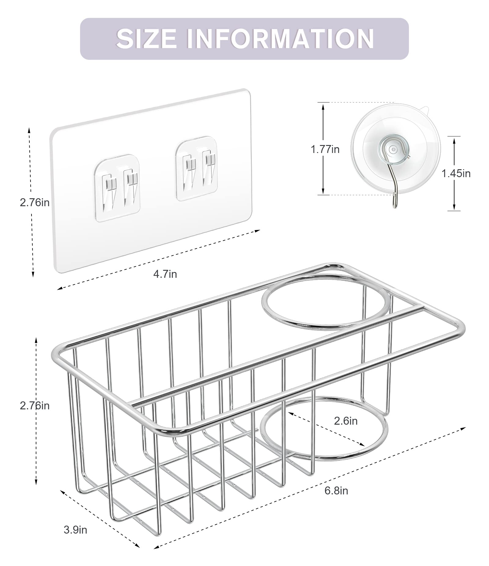 3 in 1 Sink Caddy Sponge Holder, VIS'V 304 Stainless Steel Adhesive Kitchen Sink Basket Sponge Holder Brush Holder Dishcloth Hanger Kitchen Sink Accessories Organizer Rack with 2 Suction Cups - Silver