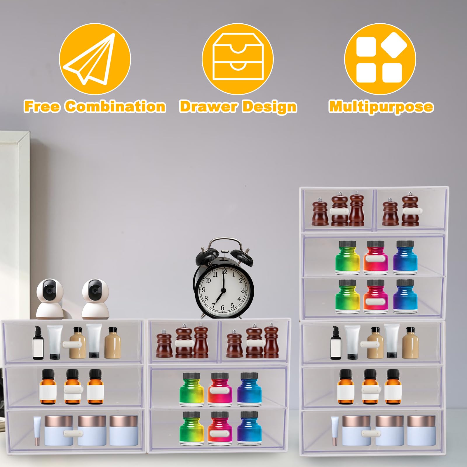 CYEAH Desk Organizer Set of 2 with 3 & 4 Drawers, Stackable Plastic Storage Drawers, Makeup Desktop Drawer Organizer, Desk Storage Box, Bathroom Organization Boxes Suitable for Office, School, Home