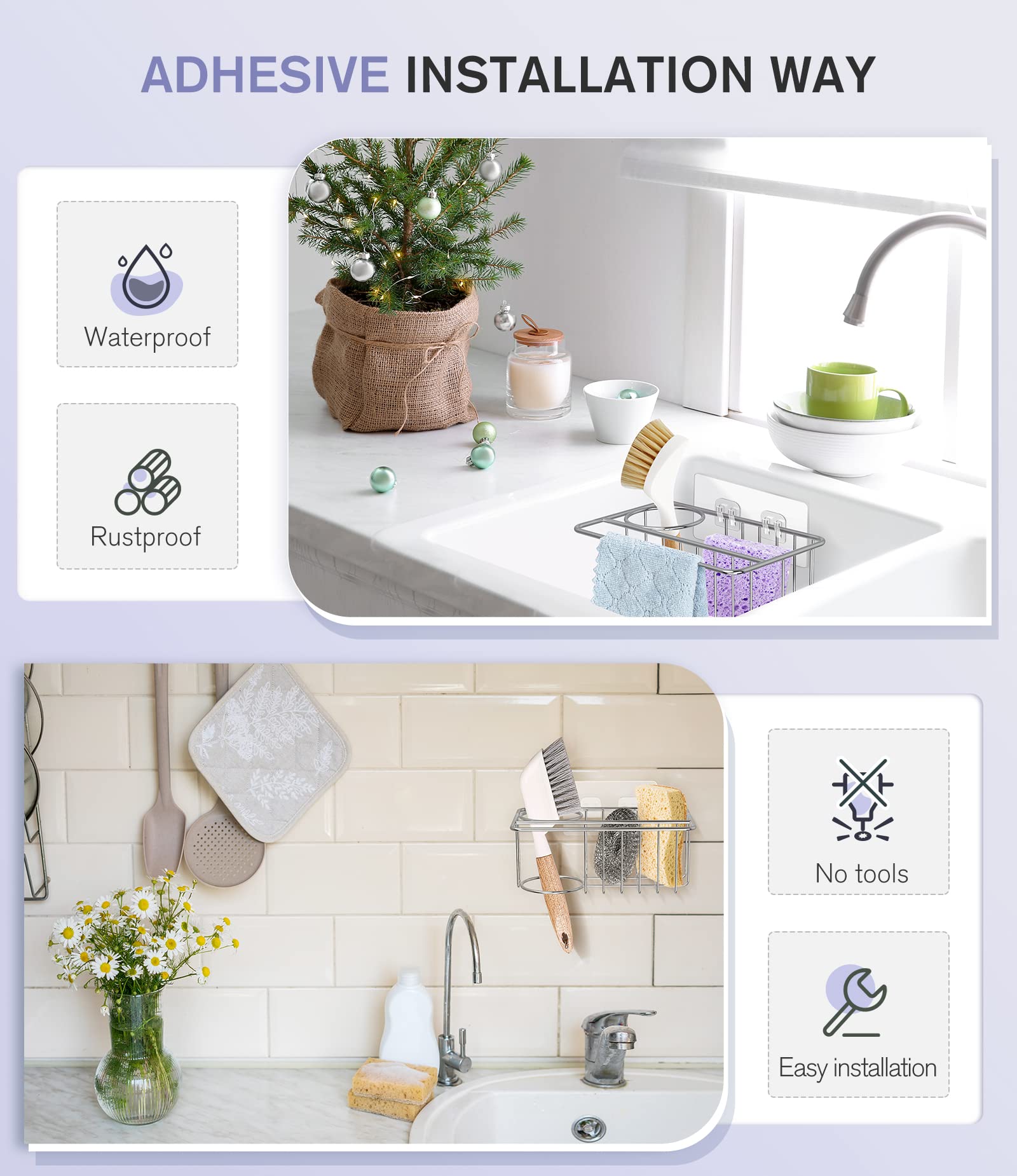 3 in 1 Sink Caddy Sponge Holder, VIS'V 304 Stainless Steel Adhesive Kitchen Sink Basket Sponge Holder Brush Holder Dishcloth Hanger Kitchen Sink Accessories Organizer Rack with 2 Suction Cups - Silver