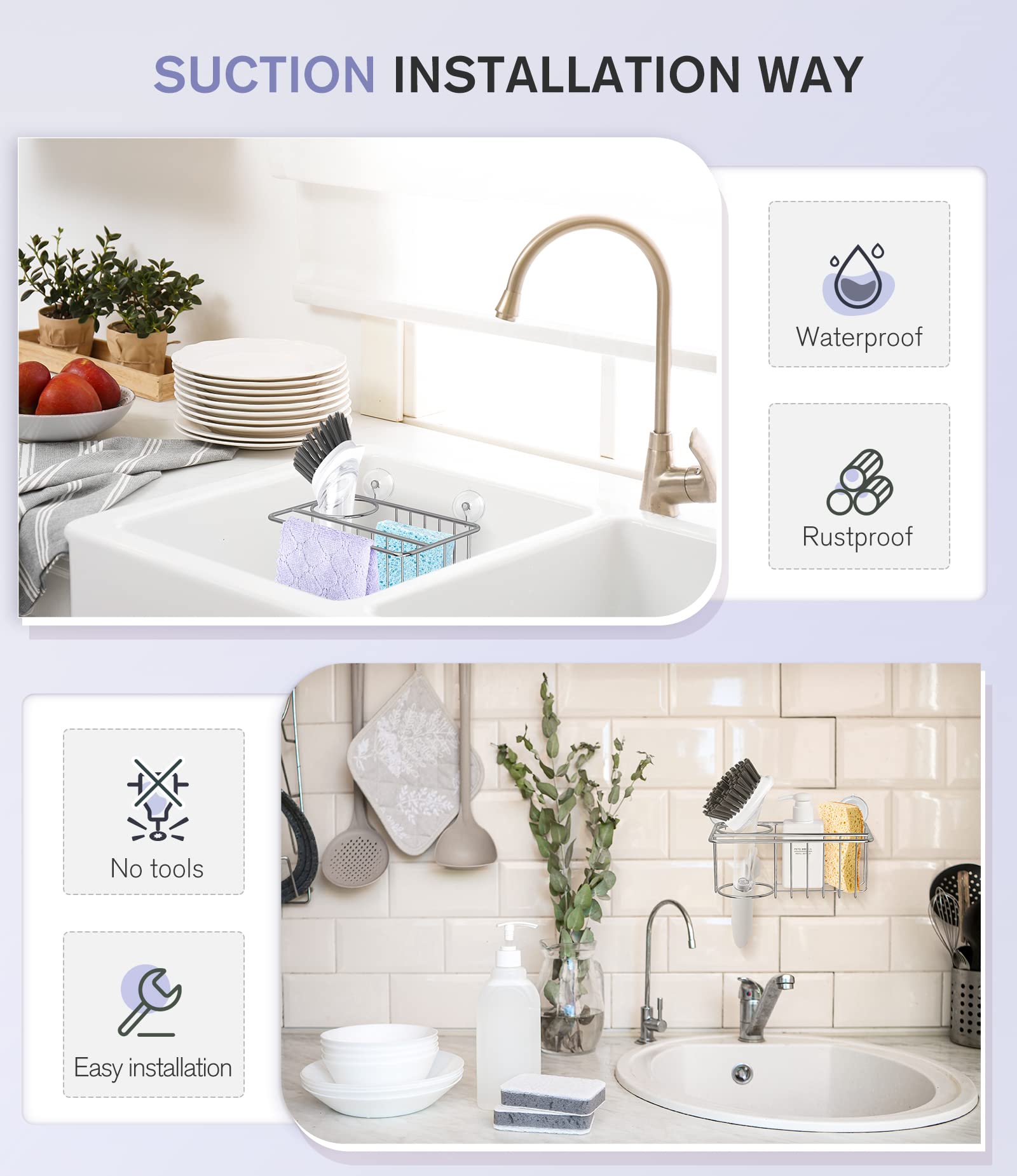 3 in 1 Sink Caddy Sponge Holder, VIS'V 304 Stainless Steel Adhesive Kitchen Sink Basket Sponge Holder Brush Holder Dishcloth Hanger Kitchen Sink Accessories Organizer Rack with 2 Suction Cups - Silver