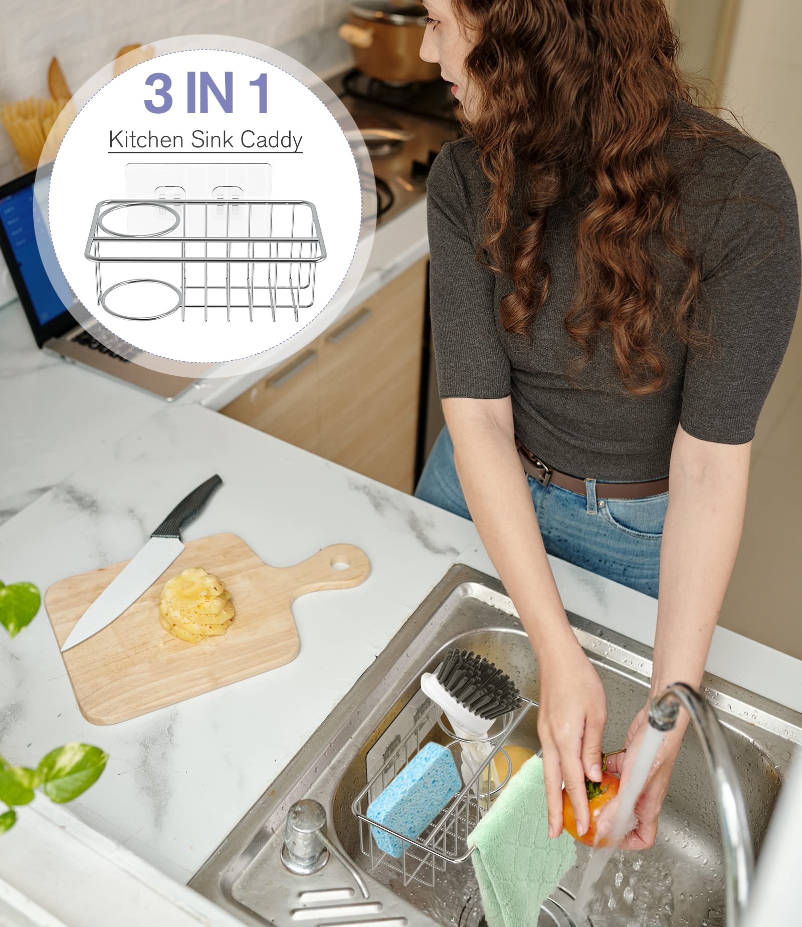 3 in 1 Sink Caddy Sponge Holder, VIS'V 304 Stainless Steel Adhesive Kitchen Sink Basket Sponge Holder Brush Holder Dishcloth Hanger Kitchen Sink Accessories Organizer Rack with 2 Suction Cups - Silver