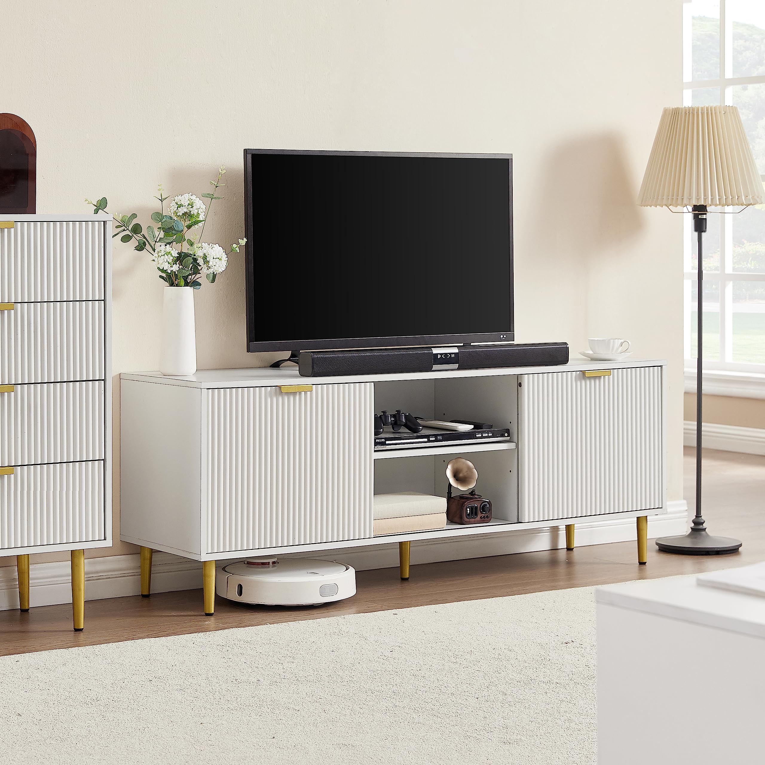 Okvnbjk TV Stand for 65+ Inch TV, Modern Living Room Entertainment Center with Storage Cabinets, Waveform Panel Wood Media Console with Ajustable Shelves & Cable Management for Bedroom, White