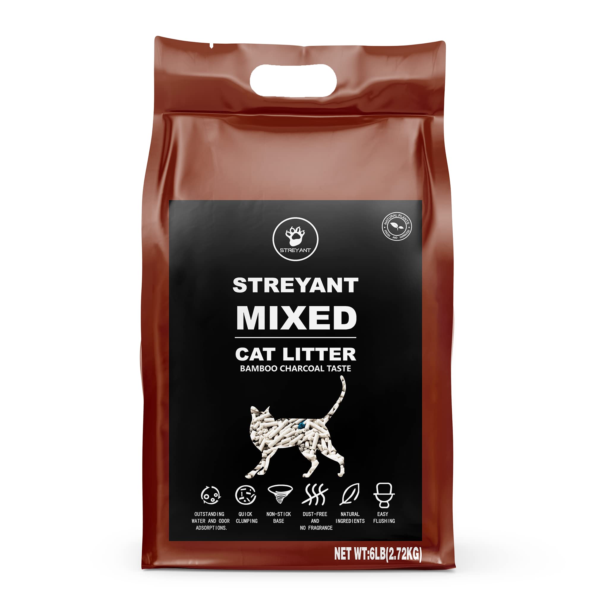 Streyant Mixed Tofu Cat Litter with Bentonite, Quick Clumping Dust Free Odor Control Bamboo Charcoal Kitty Litter Flushable Soluble Litter, Safe for Cats & Kittens (6 lb/Pack)