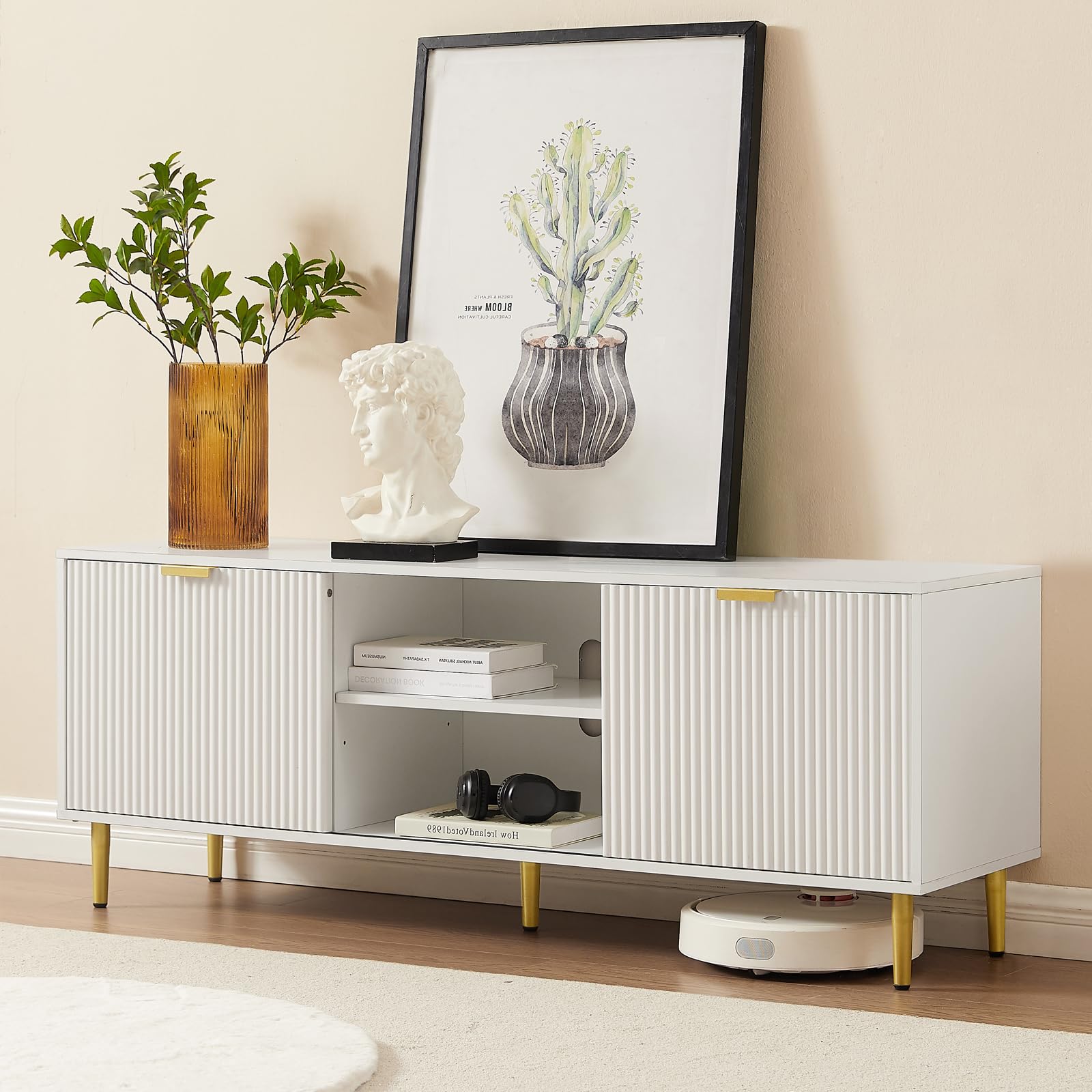 Okvnbjk TV Stand for 65+ Inch TV, Modern Living Room Entertainment Center with Storage Cabinets, Waveform Panel Wood Media Console with Ajustable Shelves & Cable Management for Bedroom, White