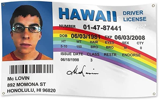 McLovin ID Flag Fake Driver License Flag 3x5 Feet Banner,Funny Poster & Durable Man Cave Wall Flag with Brass Grommets for College Dorm Room Decor,Outdoor,Parties,Gift,Tailgate