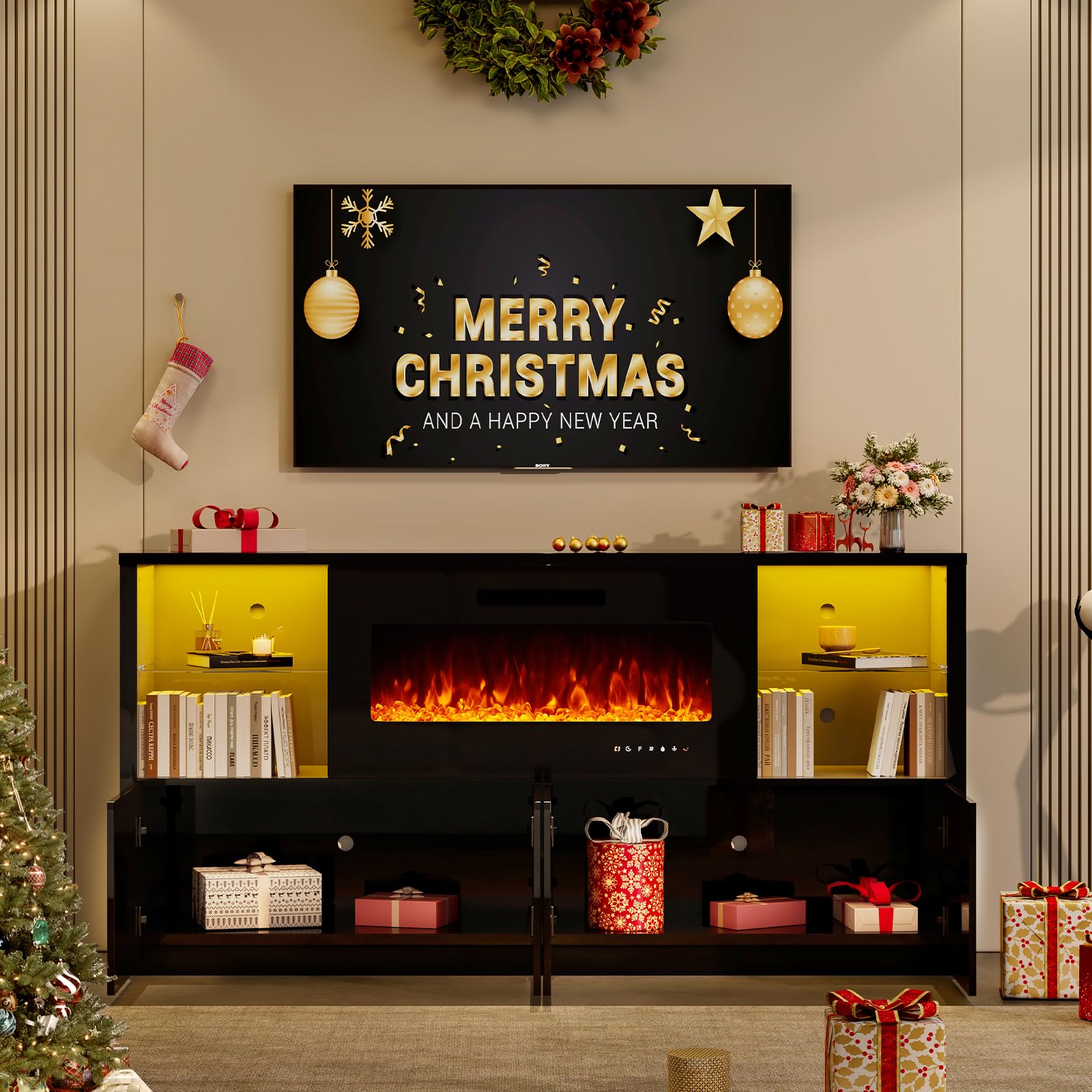 LUXOAK Fireplace TV Stand for TVs up to 75", Modern High Gloss Entertainment Center with 40" Fireplace, 4 Shelves & Storage Cabinets, Media Console Table 68 Inches, Black
