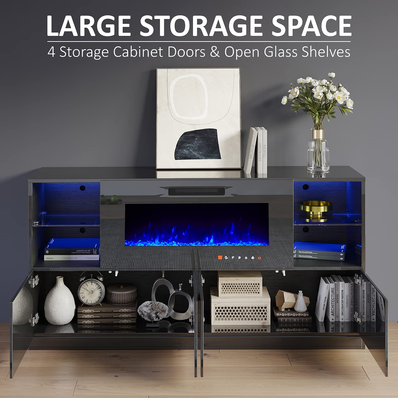 LUXOAK Fireplace TV Stand for TVs up to 75", Modern High Gloss Entertainment Center with 40" Fireplace, 4 Shelves & Storage Cabinets, Media Console Table 68 Inches, Black