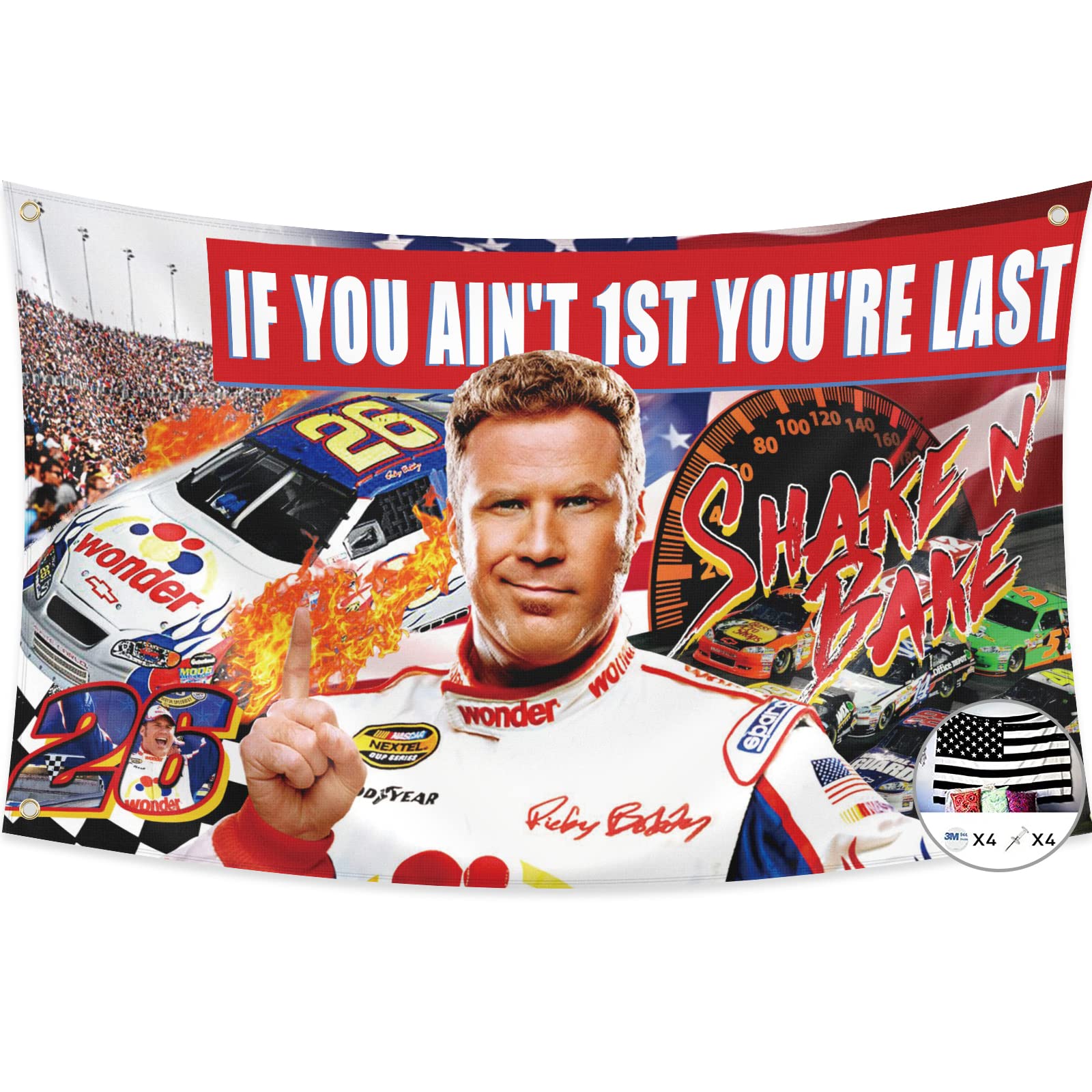 Probsin If You Ain't 1st First You're Last Flag for Talladega Nights Ricky Bobby 3x5 Ft Banner Shake N Bake Funny Poster Durable Cool Flag Man Cave Wall Decor with Brass Grommets for College Dorm Room
