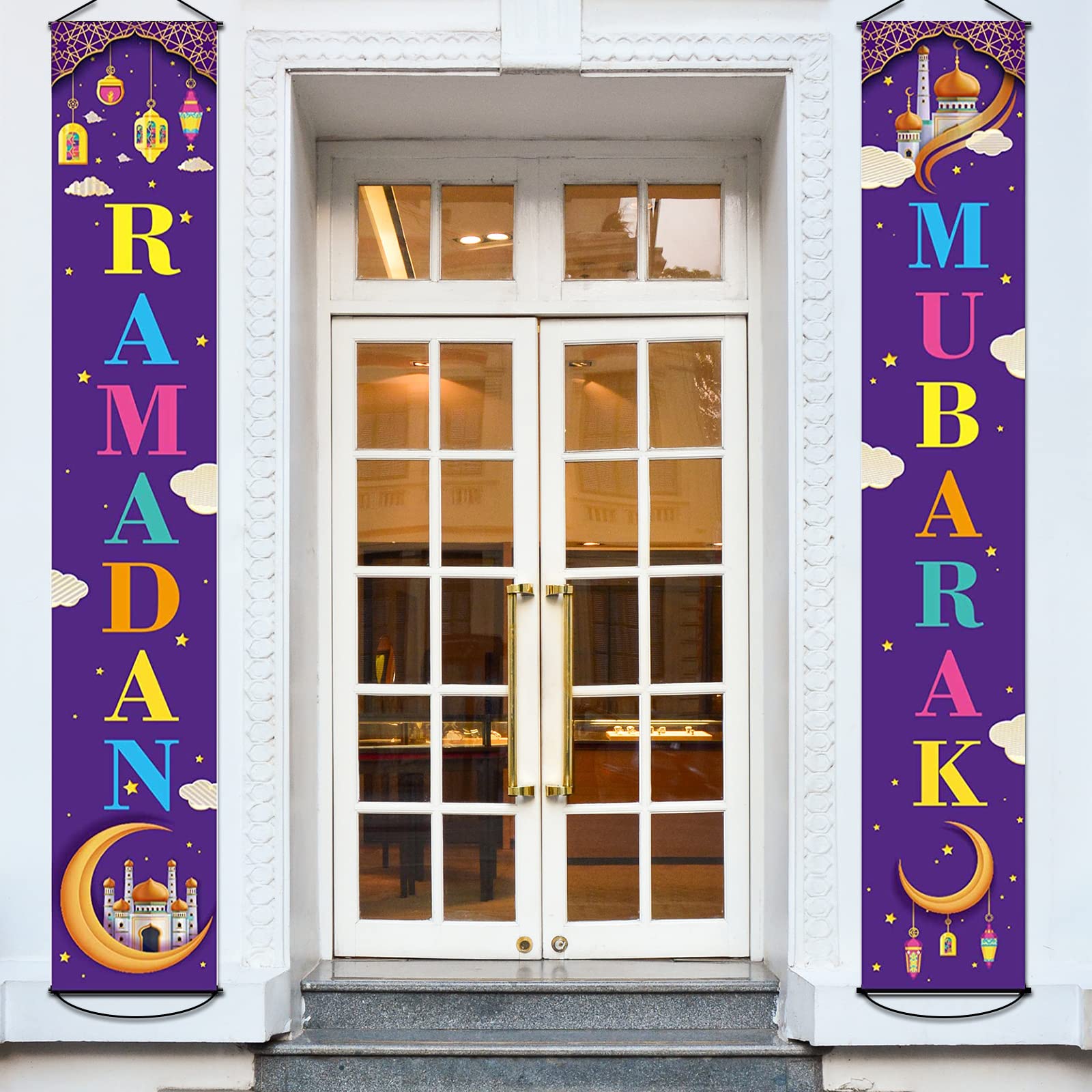 Ramadan Mubarak Decorations Eid Door Banner Backdrop Ramadan Theme Porch Signs Party Supplies Photo Booth Prop
