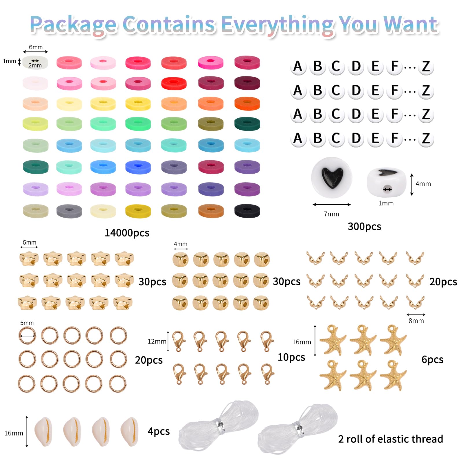 QUEFE 14420pcs Clay Beads for Bracelet Making Kit, 56 Colors Spacer Heishi Beads Flat Round Polymer Clay Beads with Pendant Charms Kits and Elastic Strings