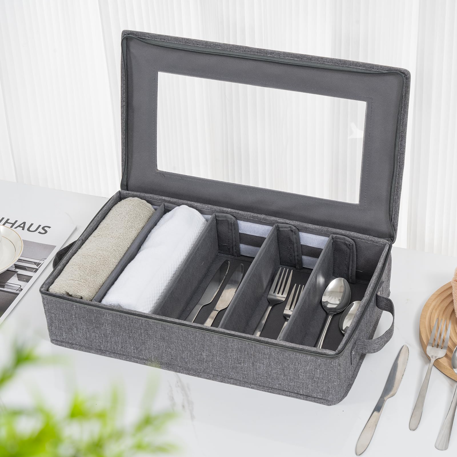 Flatware Utensil Storage Case, Silverware Storage Box Chest with Adjustable Dividers, Cutlery Storage Holder with Zipper Lid for Organizing Cutlery, Flatware, Knives, Large Capacity Gray