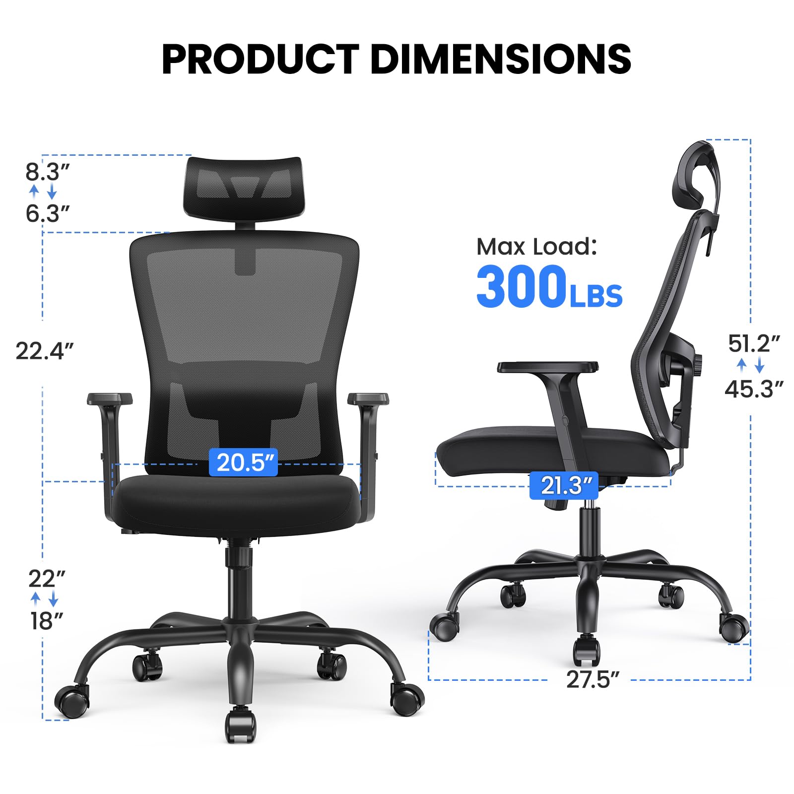 NOBLEWELL Office Chair Ergonomic Office Chair with Large Seat, Lumbar Support Computer Chair, Desk Chair with Adjustable Headrest, Armrest