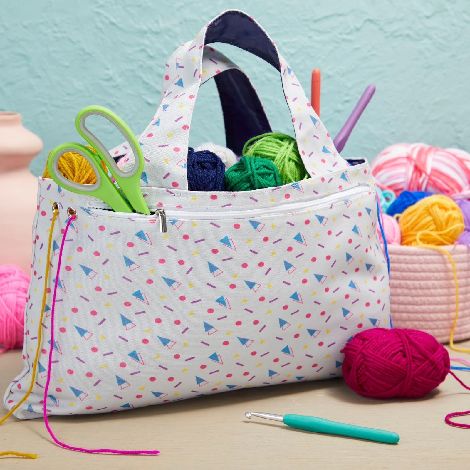 Portable Knit Tote Bag, Crochet Knitting Yarn Storage with Pockets (Geometric, 16.5 in)