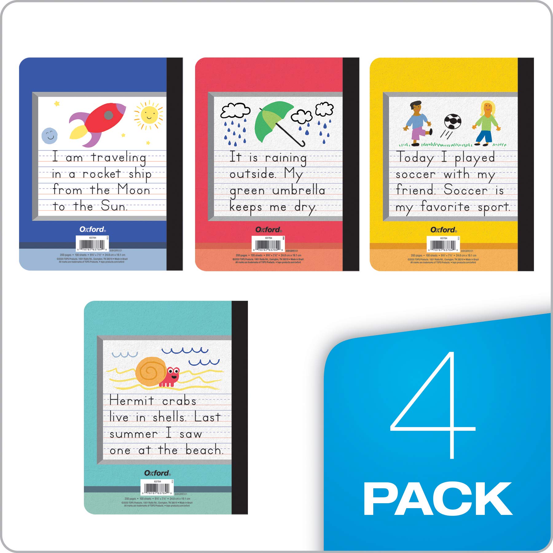 Oxford Primary Composition Notebooks, Kids Handwriting & Drawing Story Journal, Pre-K, Grades K-2, 100 Sheets/200 Pages, 9 3/4 x 7 1/2, 4/Pack (63784)