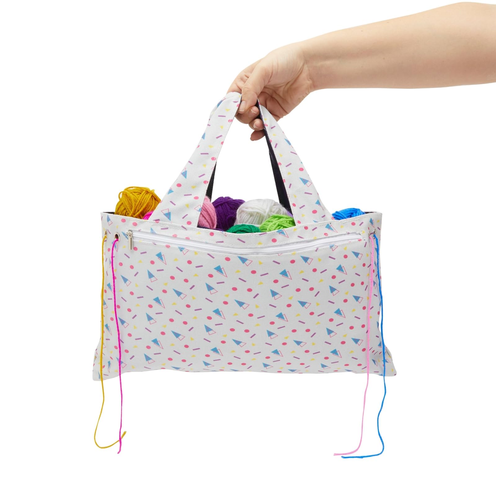 Portable Knit Tote Bag, Crochet Knitting Yarn Storage with Pockets (Geometric, 16.5 in)