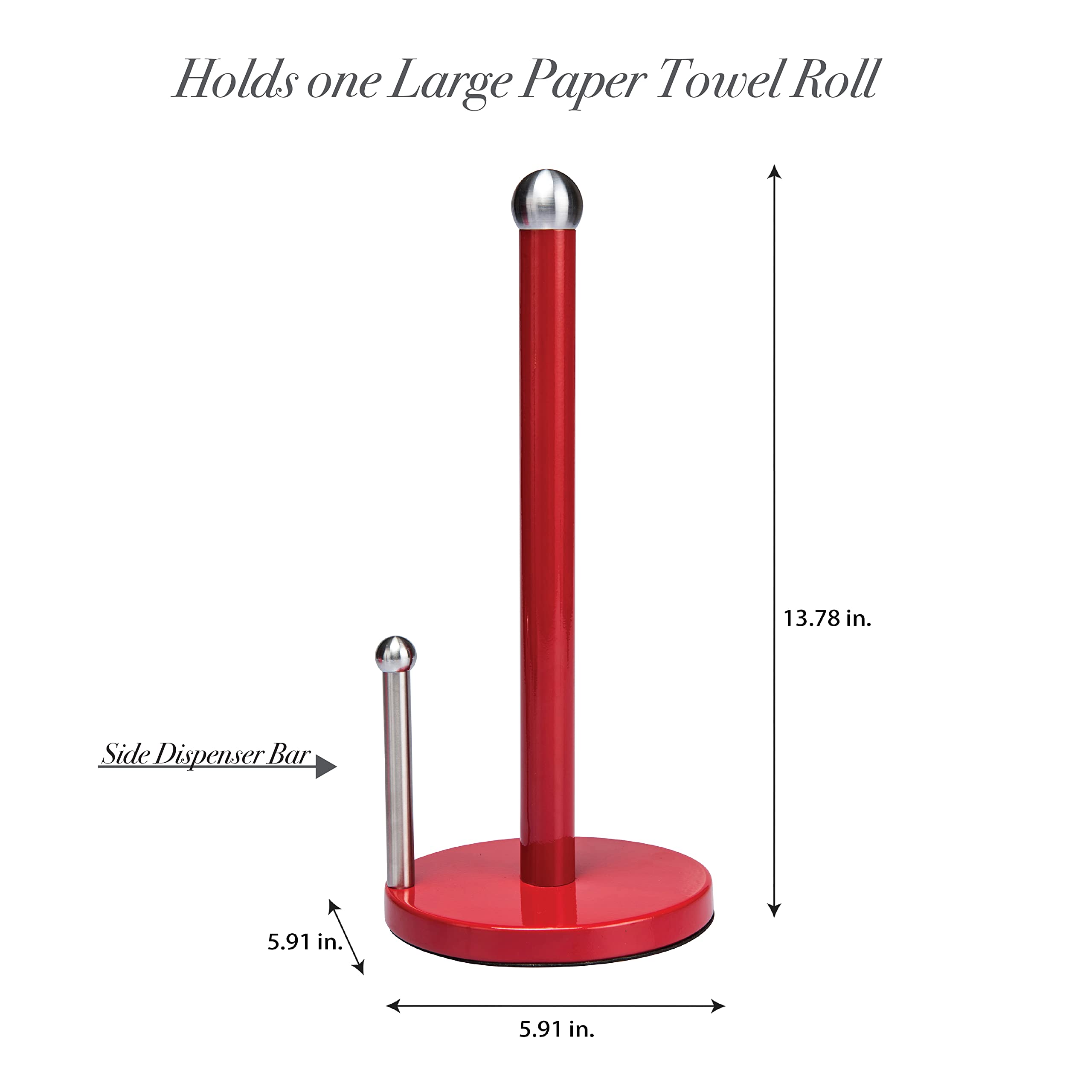 Kitchen Details Countertop Single Tear Paper Towel Holder, Free Standing, Weighted Bottom, Holds Large Rolls, Dispenser Bar Prevents Unraveling, Red
