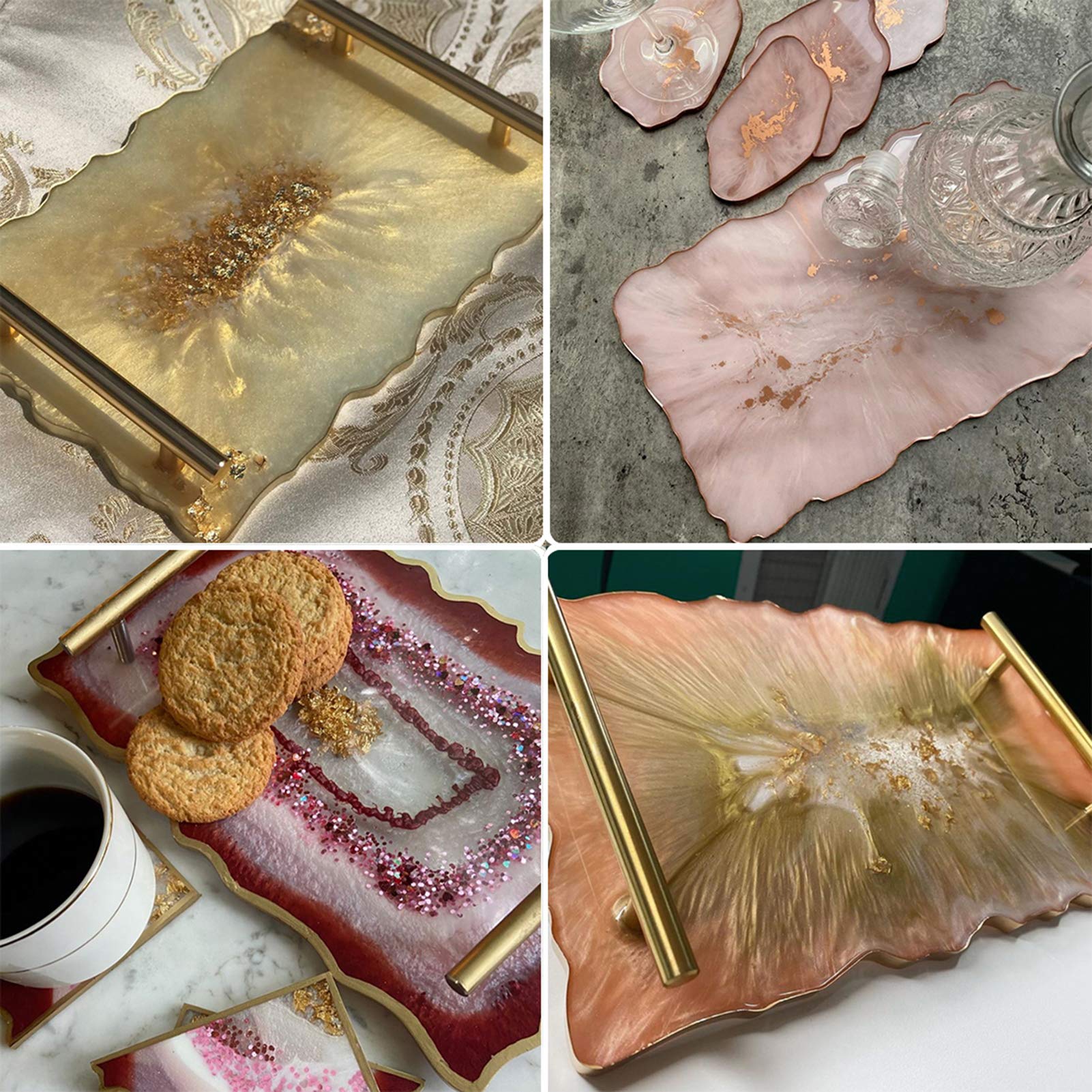 Booshow Silicone Resin Tray Mold Geode Agate XL Silicone Tray Mold & Gold Handles with A3 Extra Large Silicone Sheet for DIY Crafts, Epoxy Resin Casting Molds for Making Faux Agate Tray,Serving Board