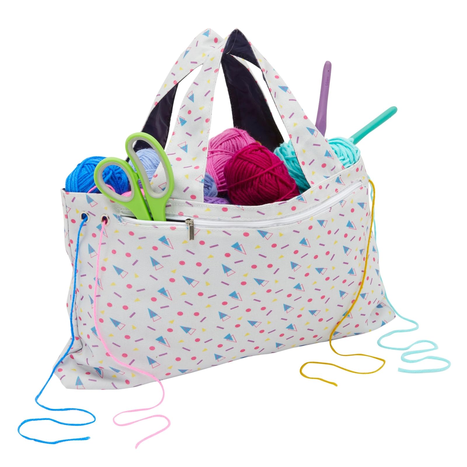 Portable Knit Tote Bag, Crochet Knitting Yarn Storage with Pockets (Geometric, 16.5 in)