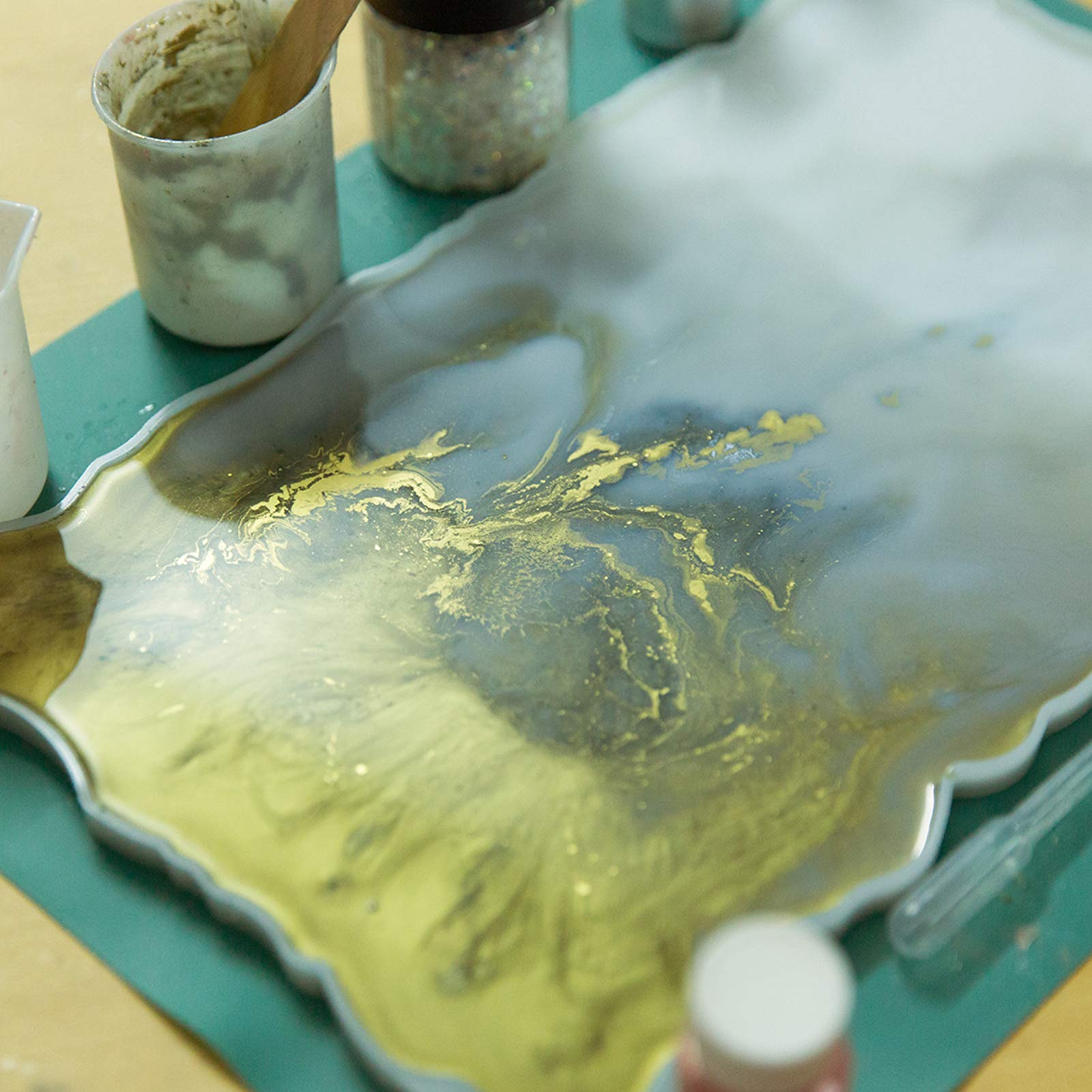 Booshow Silicone Resin Tray Mold Geode Agate XL Silicone Tray Mold & Gold Handles with A3 Extra Large Silicone Sheet for DIY Crafts, Epoxy Resin Casting Molds for Making Faux Agate Tray,Serving Board