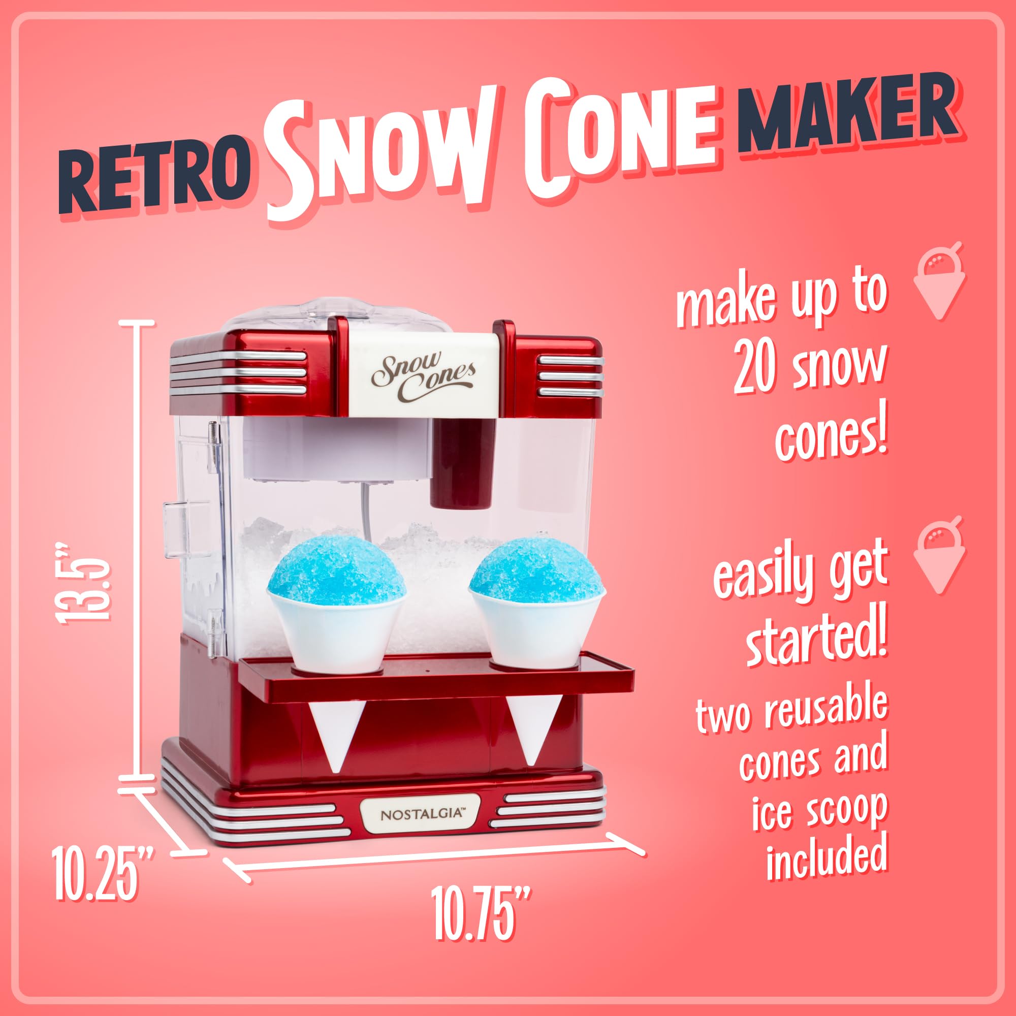 Nostalgia Retro Table-Top Snow Cone Maker, Makes 20 Icy Treats, Shaved Ice Machine Includes 2 Reusable Plastic Cups & Ice Scoop, Retro Red