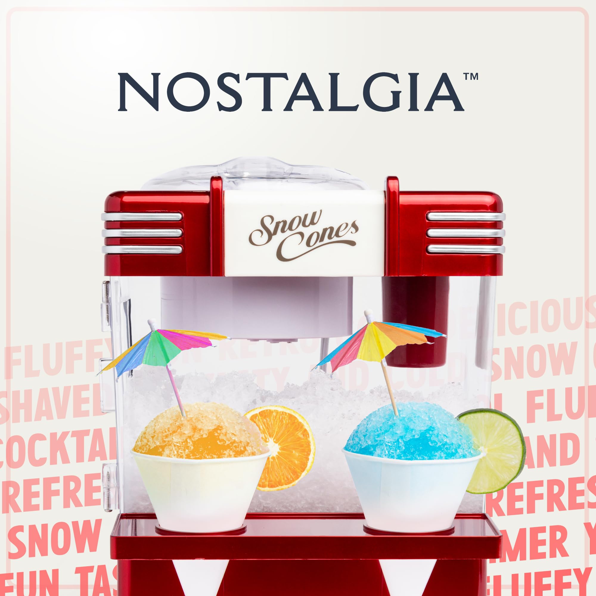 Nostalgia Retro Table-Top Snow Cone Maker, Makes 20 Icy Treats, Shaved Ice Machine Includes 2 Reusable Plastic Cups & Ice Scoop, Retro Red