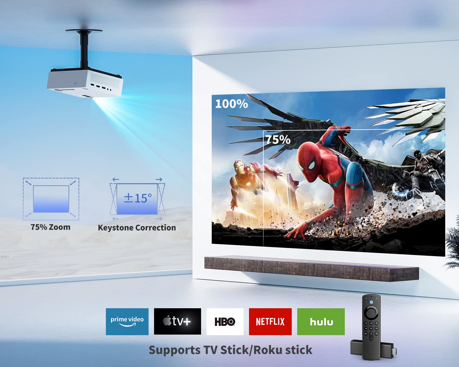 4K Projector with 5G WiFi and Bluetooth, Acrojoy 450 ANSI Native 1080P Mini Projector Support 400"Display, 75% Zoom, Portable Outdoor Movie Projector W/ Tripod and Bag, Compatible W/ TV Stick/USB/PS5