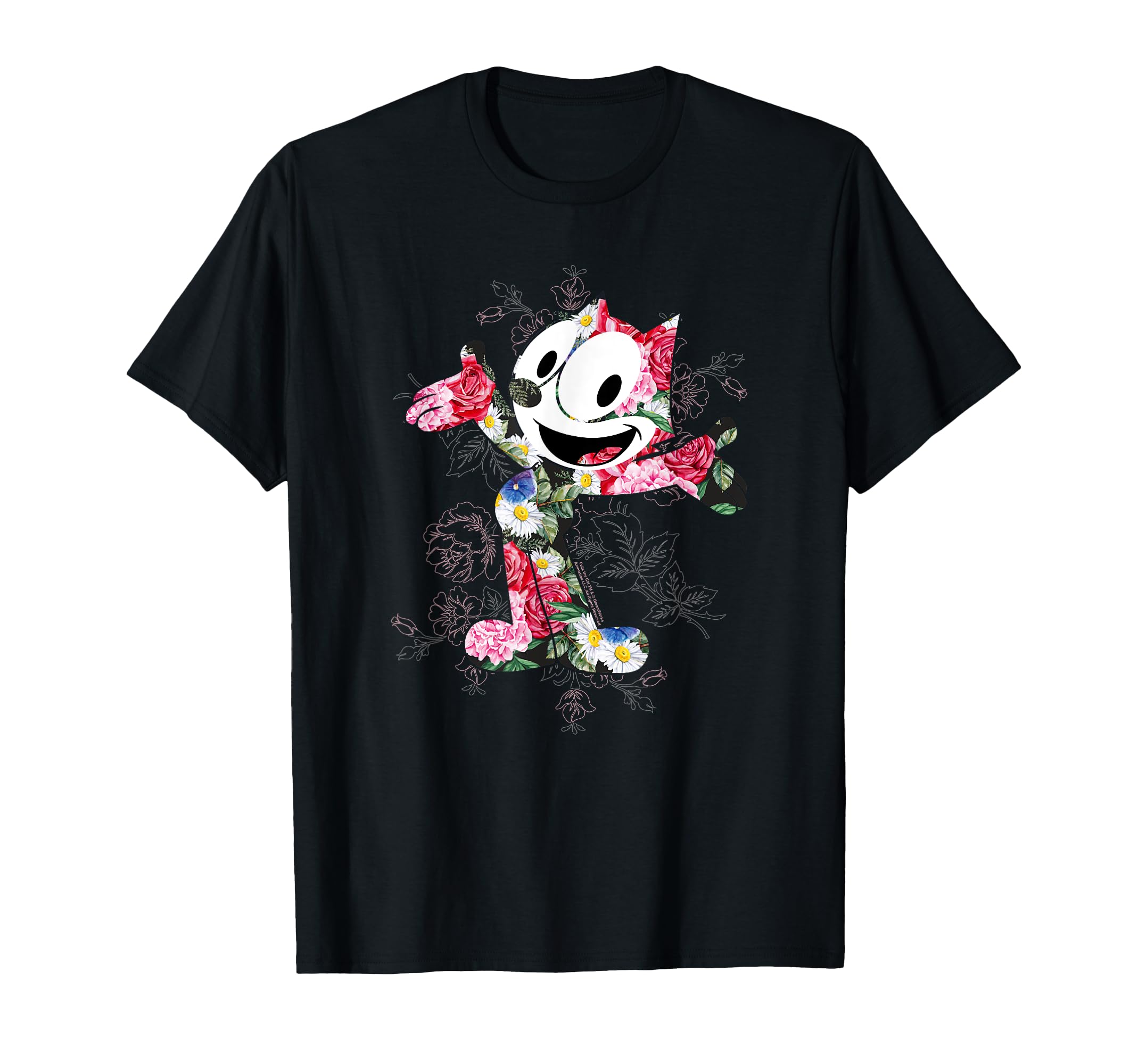 Felix the Cat Floral Fill T-Shirt - Unisex-Adults - Black - Short Sleeve - Small/M - Classic Fit - Cotton 60% Polyester 40%