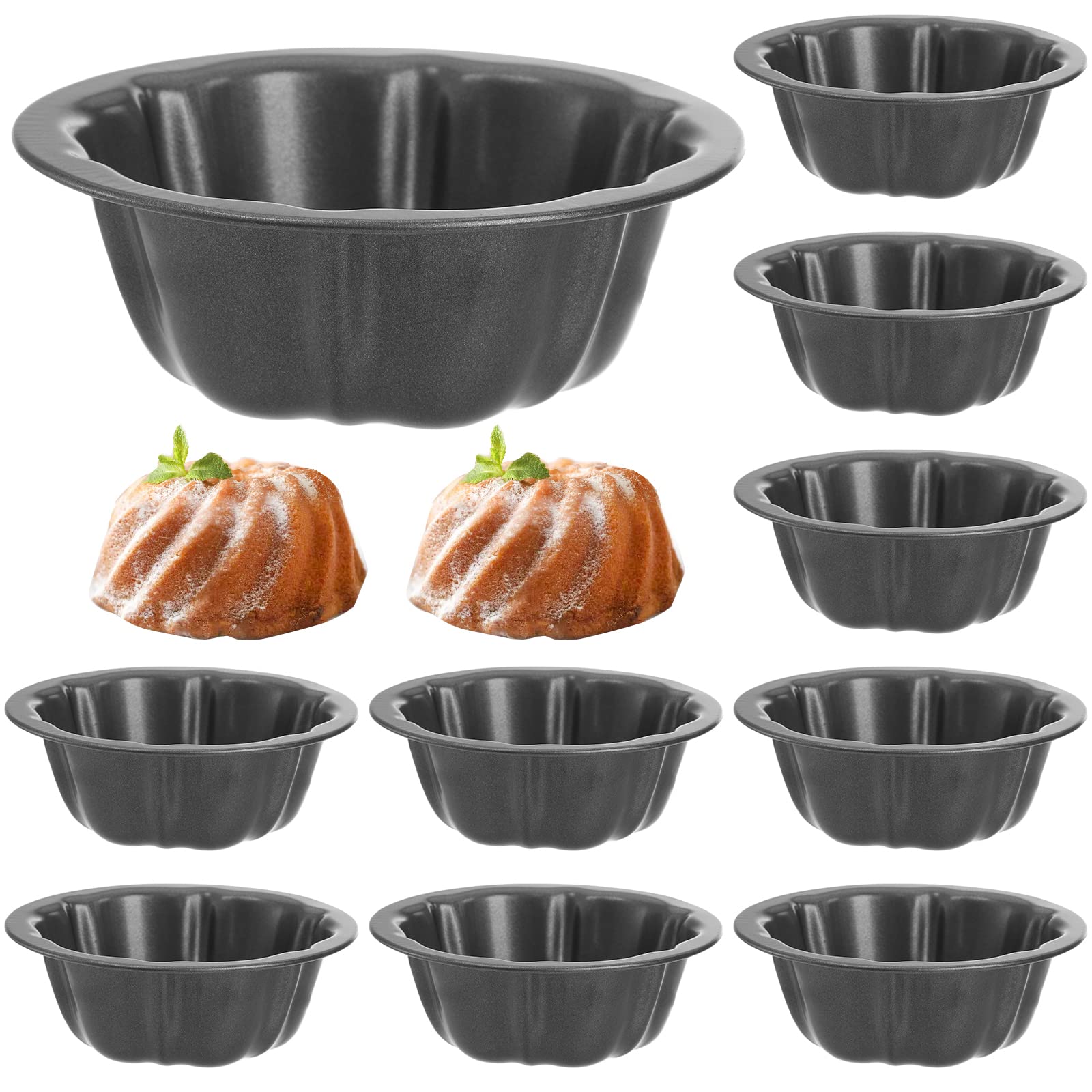 ZENFUN 10 Pcs Mini Fluted Tube Pan Mini Cake Pans, 4 Inch Carbon Steel Mini Flan Molds Pan, Nonstick Cake Pan Reusable Mini Tube Oven Baking Mold for Cupcake, Bread, Bavarois, Brownie