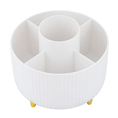 Desk Pencil Pen Holder, 5 Slots 360°Degree Rotating Pencil Pen Organizers for Desk, Desktop Storage Stationery Supplies Organizer, Cute Pencil Cup Pot for Office, School, Home, Art Supply (White)