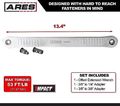 ARES 15007 - Offset Extension Wrench - Includes 1/4-Inch & 3/8-Inch Square Drive Adapters - 0 Degree Swing Arc for Access to Confined Fasteners - For Use with Impact & Pneumatic Wrenches