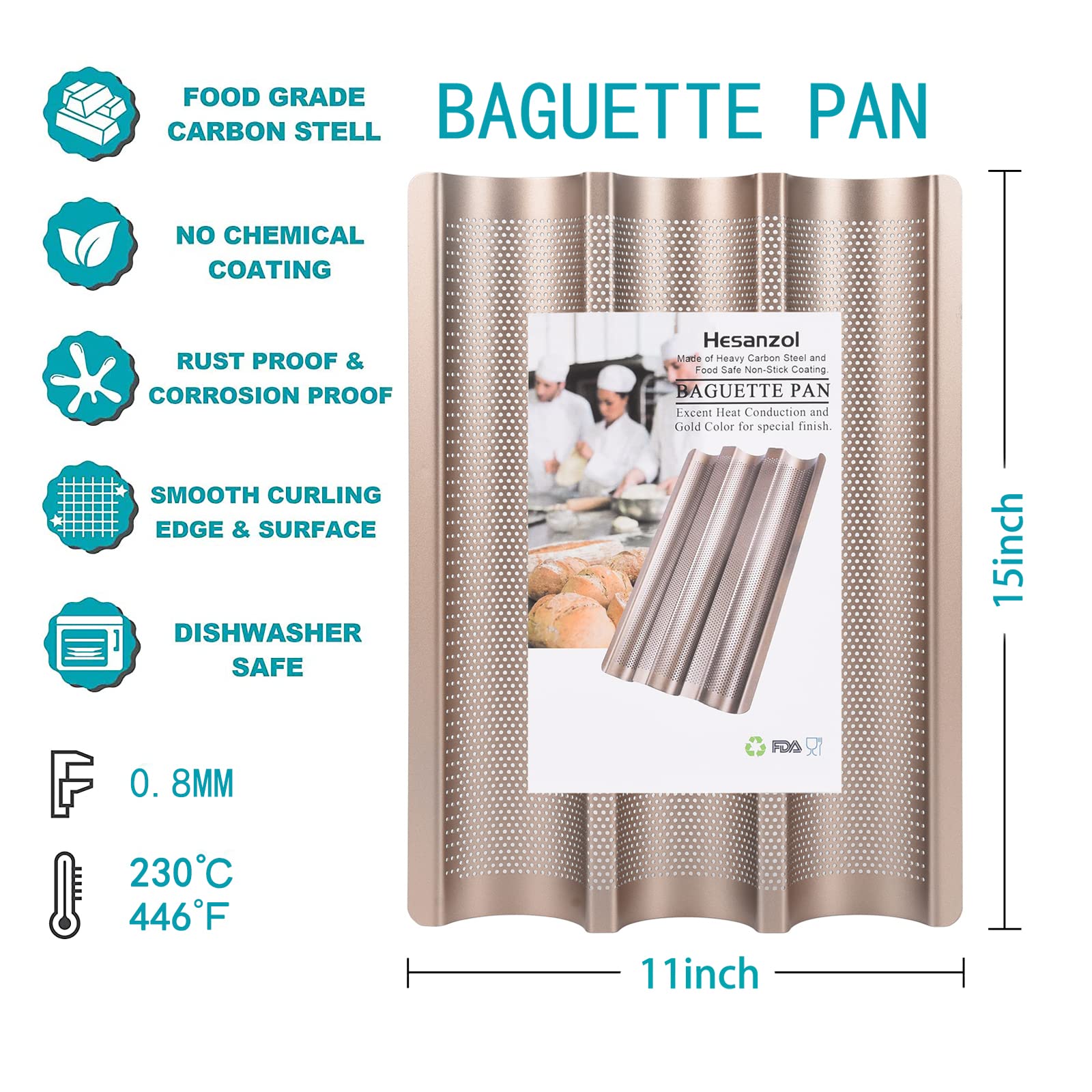 Baguette Pans for Baking 15" x 11", Carbon Steel 3 Loaf Nonstick Baguette Baking Tray for French & Italian Perforated French Bread Pan