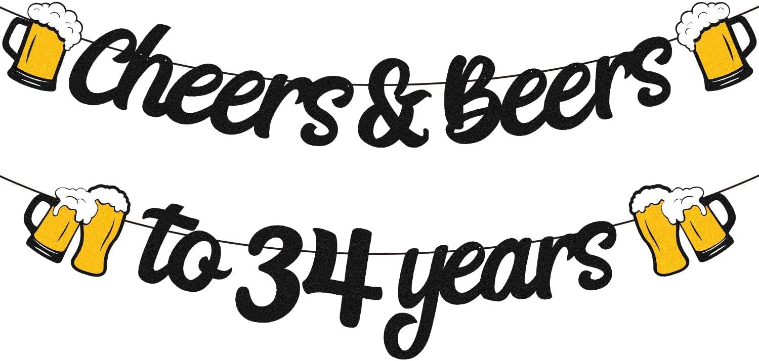 34th Birthday Decorations Cheers to 34 Years Banner for Men Women 34s Birthday Backdrop Wedding Anniversary Party Supplies Black Glitter Decorations PRE STRUNG