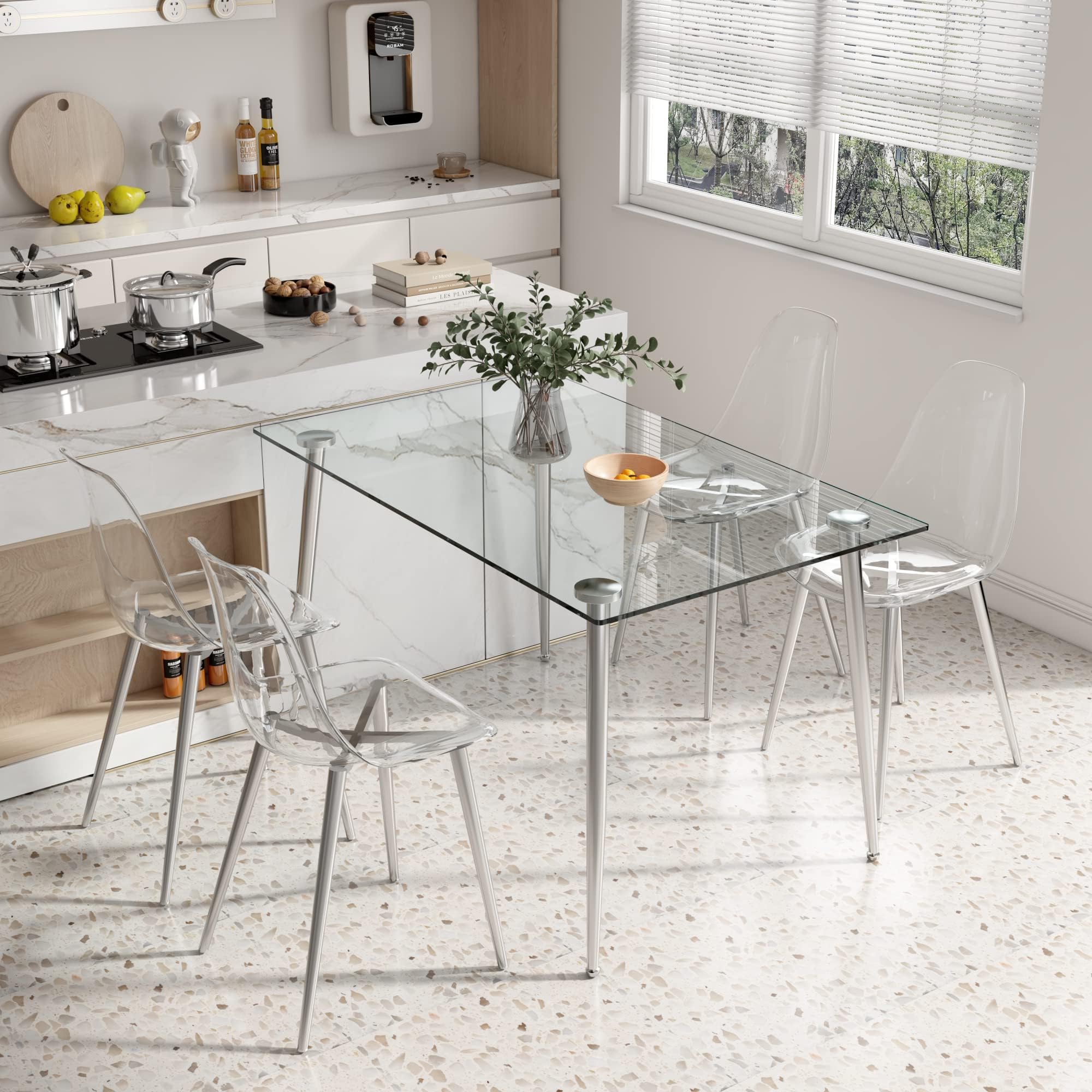 Baysitone Clear Dining Chairs Set of 4, Modern Kitchen Chairs with Transparent Seat, Acrylic Accent Side Chairs with Metal Legs for Dining Room, Kitchen, Living Room with Silver
