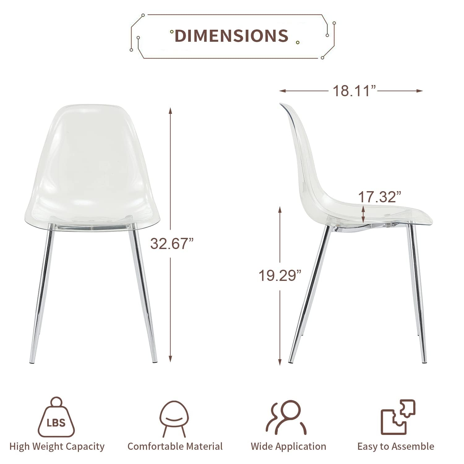 Baysitone Clear Dining Chairs Set of 4, Modern Kitchen Chairs with Transparent Seat, Acrylic Accent Side Chairs with Metal Legs for Dining Room, Kitchen, Living Room with Silver