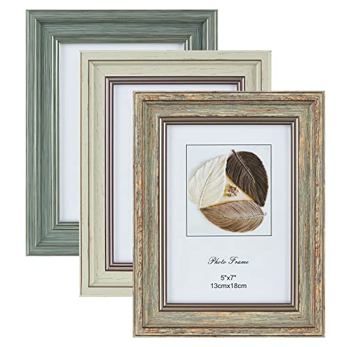 XUANLUO 3 Pack 5x7 Inch Picture Frames Farmhouse Rustic Vintage Distressed Wood Grain Photo Frame with Tempered Glass for Table Top Display and Wall Hanging