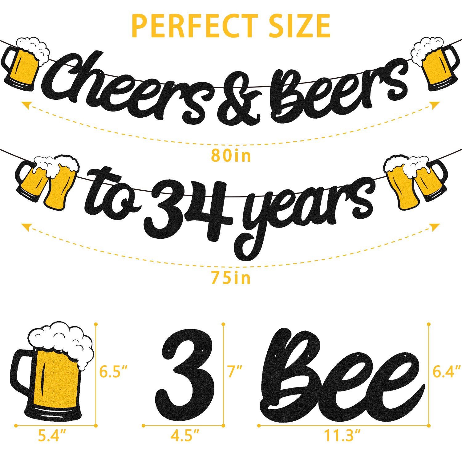 34th Birthday Decorations Cheers to 34 Years Banner for Men Women 34s Birthday Backdrop Wedding Anniversary Party Supplies Black Glitter Decorations PRE STRUNG