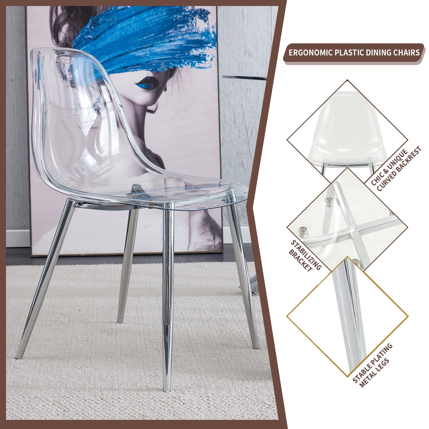 Baysitone Clear Dining Chairs Set of 4, Modern Kitchen Chairs with Transparent Seat, Acrylic Accent Side Chairs with Metal Legs for Dining Room, Kitchen, Living Room with Silver