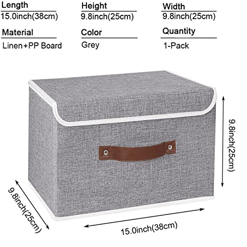 Yawinhe Collapsible Storage Boxes 1 Pack, Linen Fabric Storage Baskets Washable, with Lids and Leather Handle, for Home Bedroom Closet Office, (Grey, 15.0x9.8x9.8in), USNK024GL-1