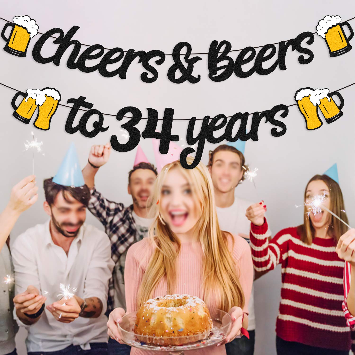 34th Birthday Decorations Cheers to 34 Years Banner for Men Women 34s Birthday Backdrop Wedding Anniversary Party Supplies Black Glitter Decorations PRE STRUNG
