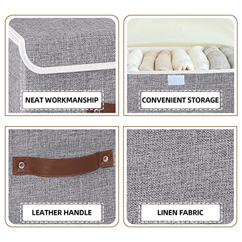 Yawinhe Collapsible Storage Boxes 1 Pack, Linen Fabric Storage Baskets Washable, with Lids and Leather Handle, for Home Bedroom Closet Office, (Grey, 15.0x9.8x9.8in), USNK024GL-1