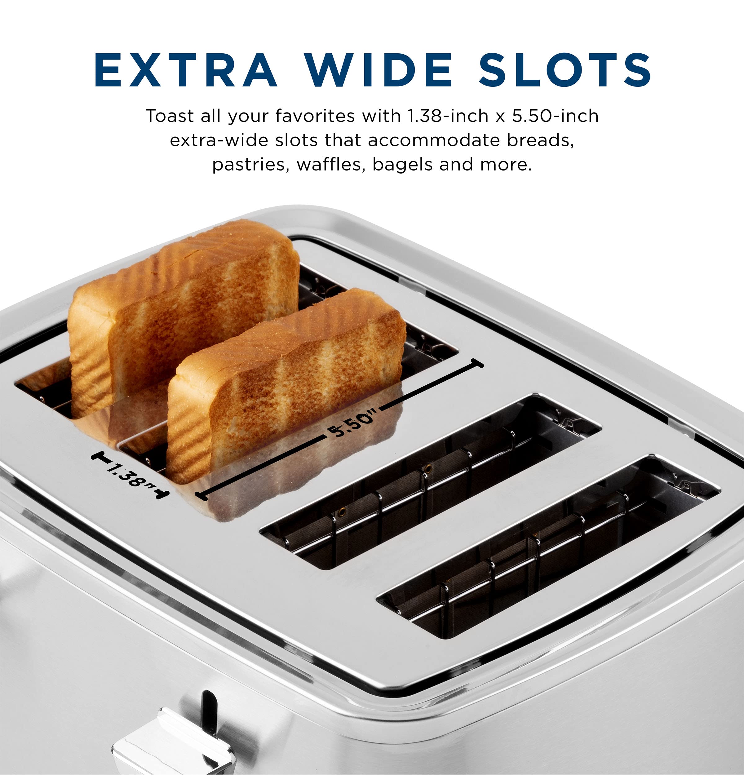 GE Stainless Steel 4 Slice Toaster | Extra Wide Slots for Bagels, Breads, Waffles & More | 7 Shade Options | Countertop Kitchen Essentials | 1500 watt