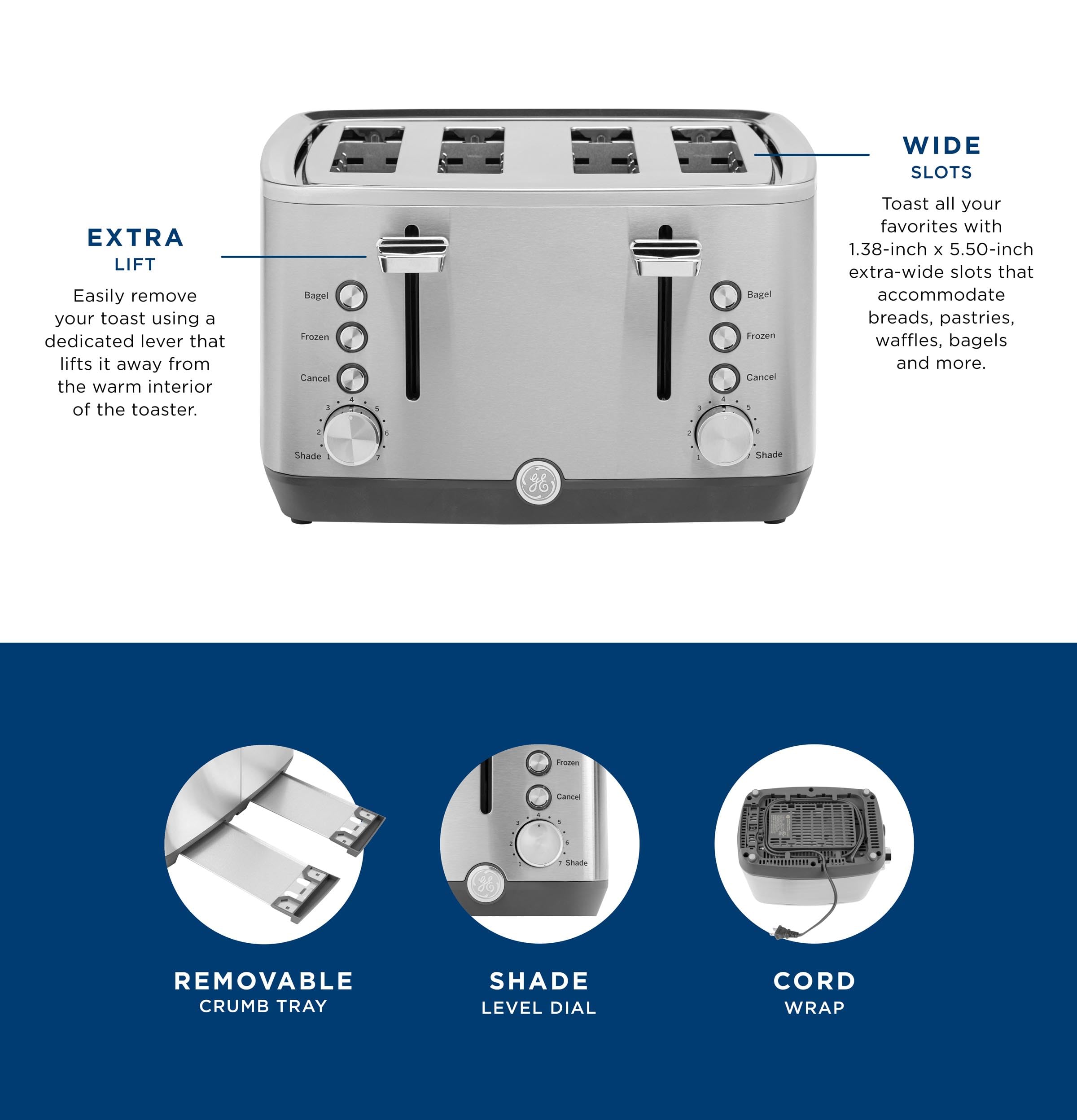 GE Stainless Steel 4 Slice Toaster | Extra Wide Slots for Bagels, Breads, Waffles & More | 7 Shade Options | Countertop Kitchen Essentials | 1500 watt