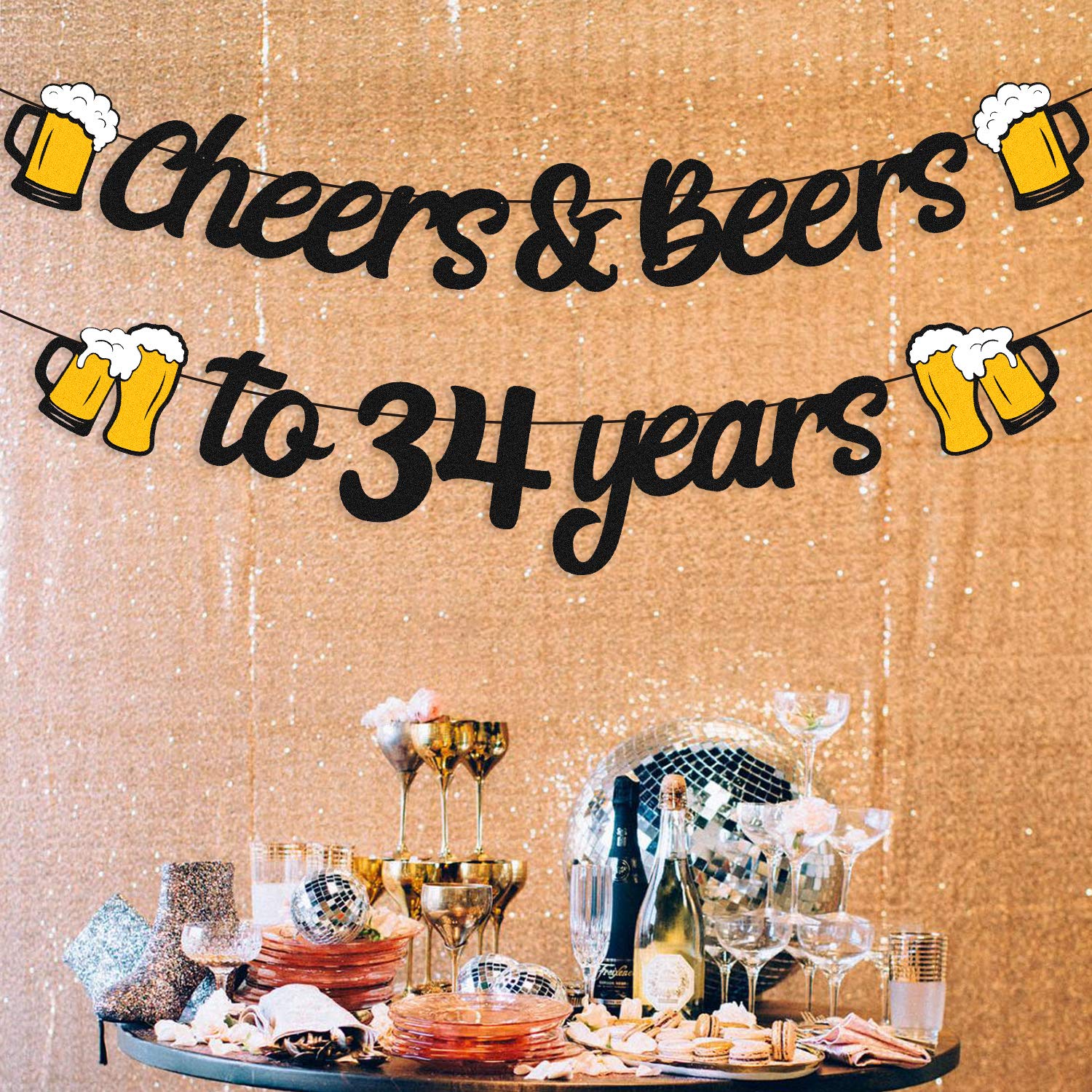 34th Birthday Decorations Cheers to 34 Years Banner for Men Women 34s Birthday Backdrop Wedding Anniversary Party Supplies Black Glitter Decorations PRE STRUNG