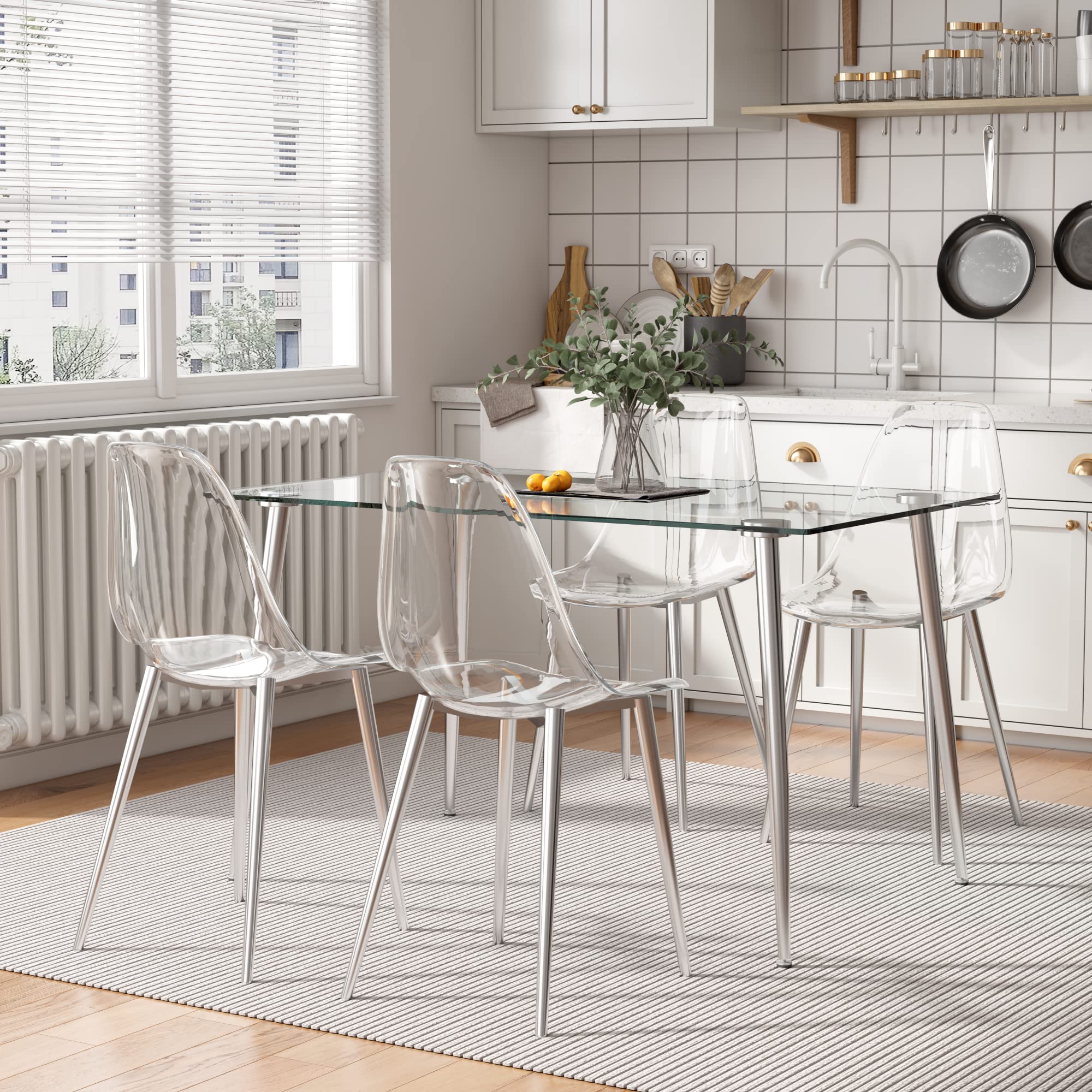 Baysitone Clear Dining Chairs Set of 4, Modern Kitchen Chairs with Transparent Seat, Acrylic Accent Side Chairs with Metal Legs for Dining Room, Kitchen, Living Room with Silver