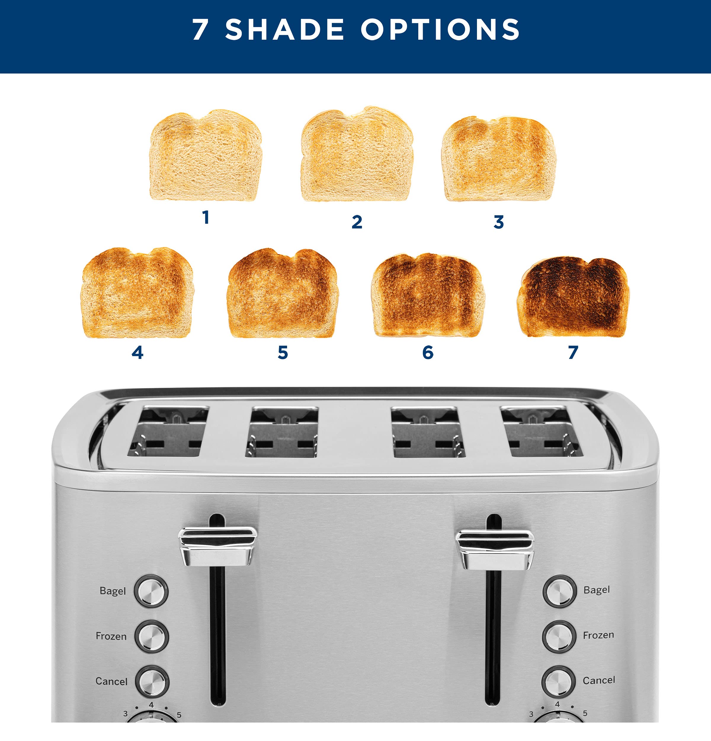 GE Stainless Steel 4 Slice Toaster | Extra Wide Slots for Bagels, Breads, Waffles & More | 7 Shade Options | Countertop Kitchen Essentials | 1500 watt