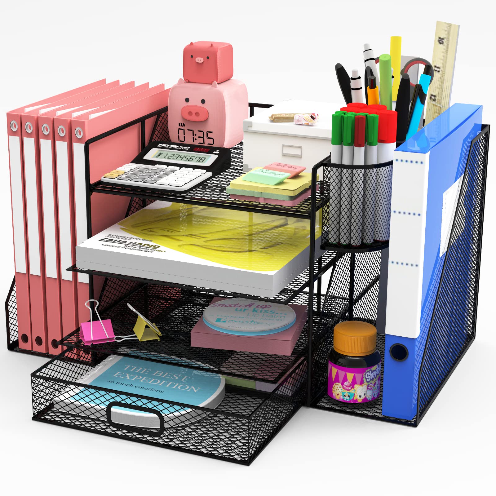navmen Desk Organizer with File Holder,4 Tier Metal Mesh Desktop Organizer Paper Letter Tray Organizer with Drawer Holder and 2 Pen Holder,for Office Supplies Home or School Storage,(Black)