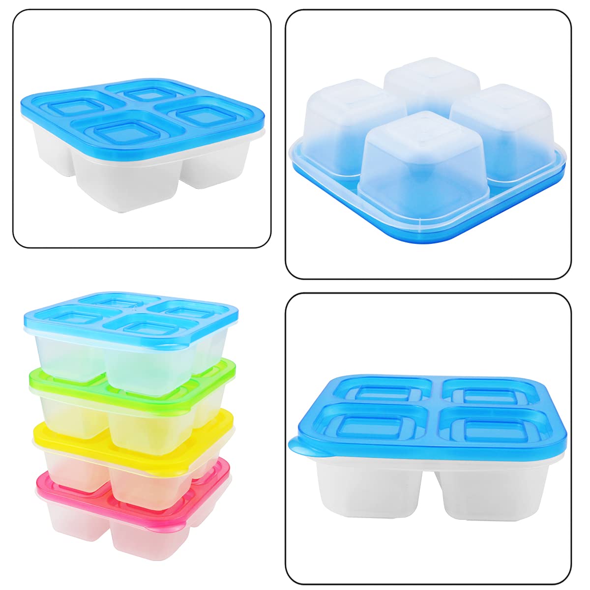 SKPPC Set of 5 Reusable Bento Snack Food Containers, 4 Compartments Leakproof Food Prep Containers for Travel, School and Work