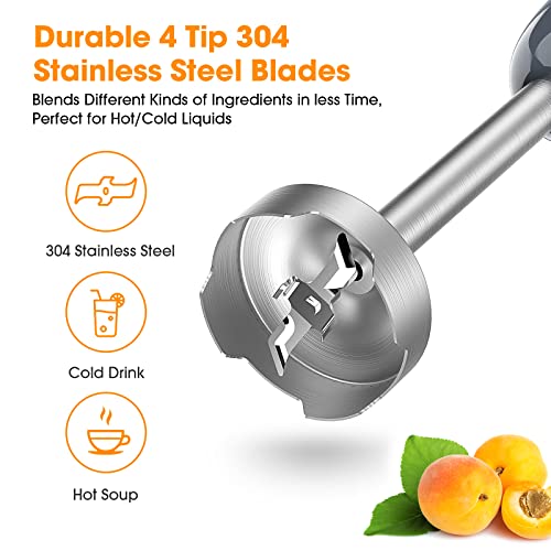 FUNAVO.vo Immersion Blender, 800W 5-in-1 Hand Blender 12 Speed 304 Stainless Steel Stick Blender with Turbo Mode, 600ml Beaker, 500ml Chopping Bowl, Whisk, Milk Frother, BPA-Free(Grey)